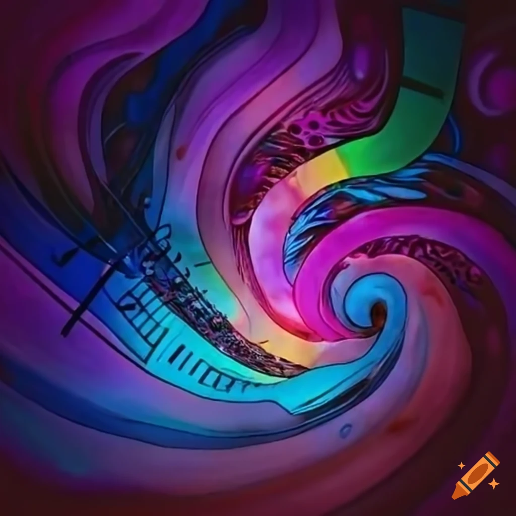 Whimsical swirling colorful musical notes in a mystical scene on Craiyon