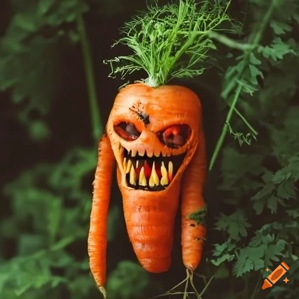 Scary carrot with teeth in the woods on Craiyon