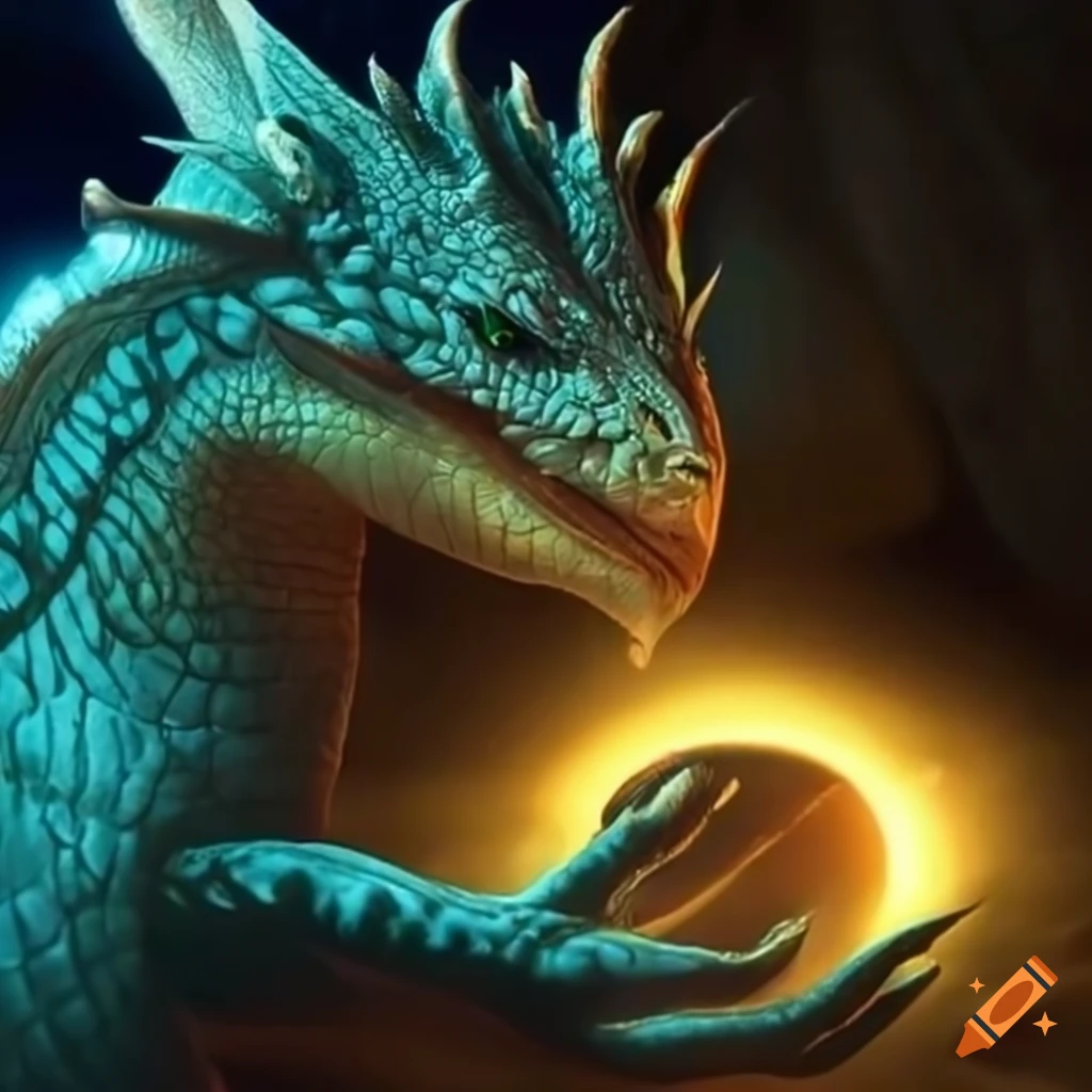 Dragon looking at a glowing turtle shell on Craiyon