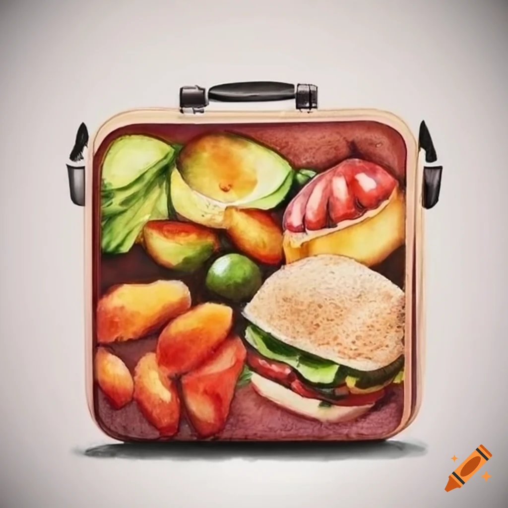 Realistically painted lunch box with sandwiches and fruits on Craiyon