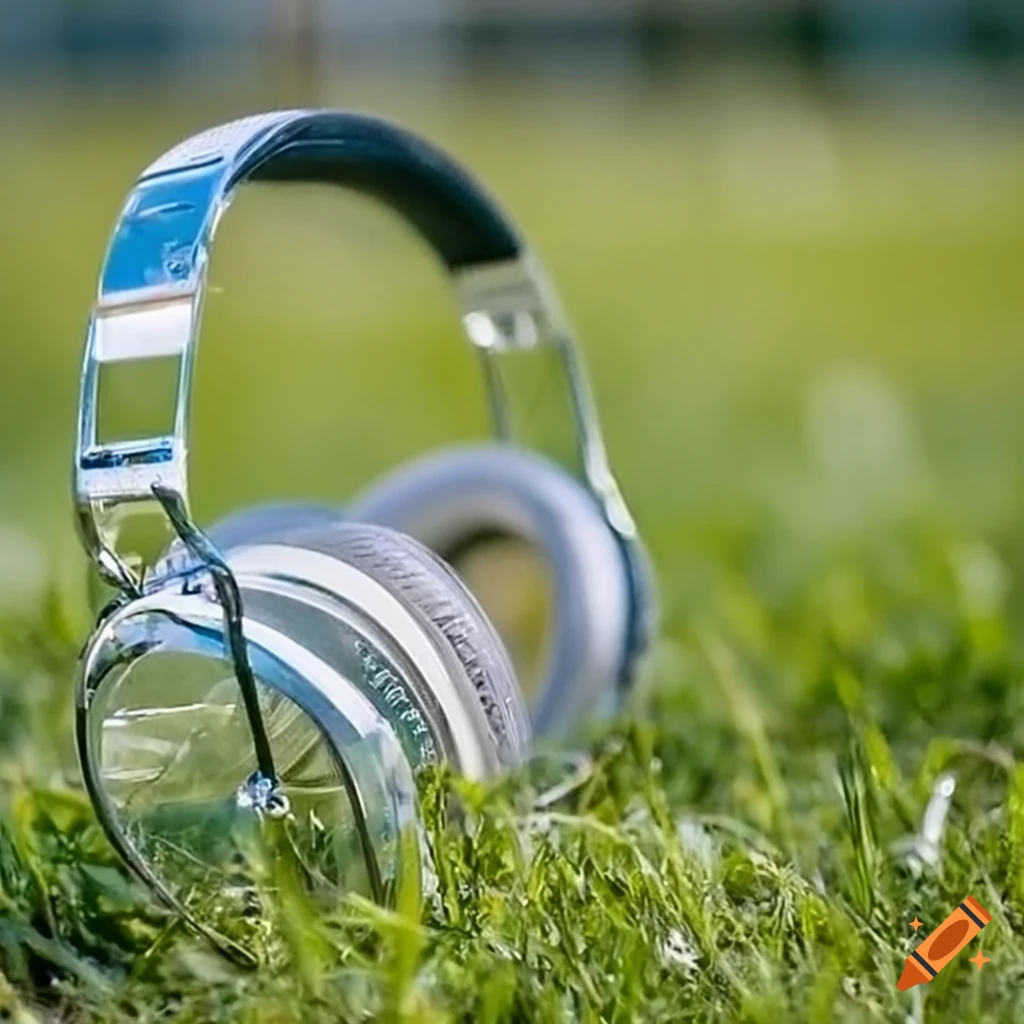 Transparent glass headphones on grass with light reflections on Craiyon