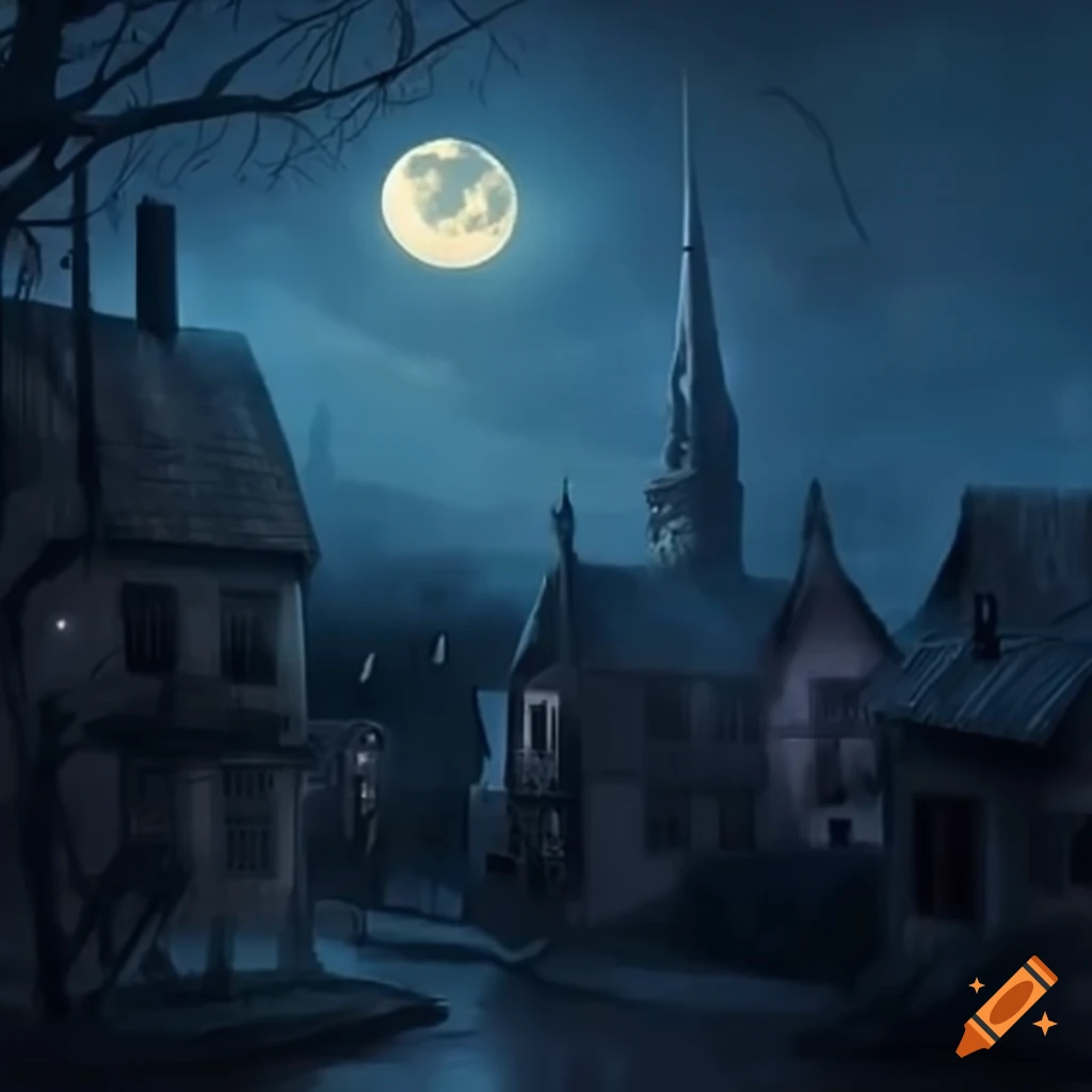 Dark moonlit town scenery on Craiyon