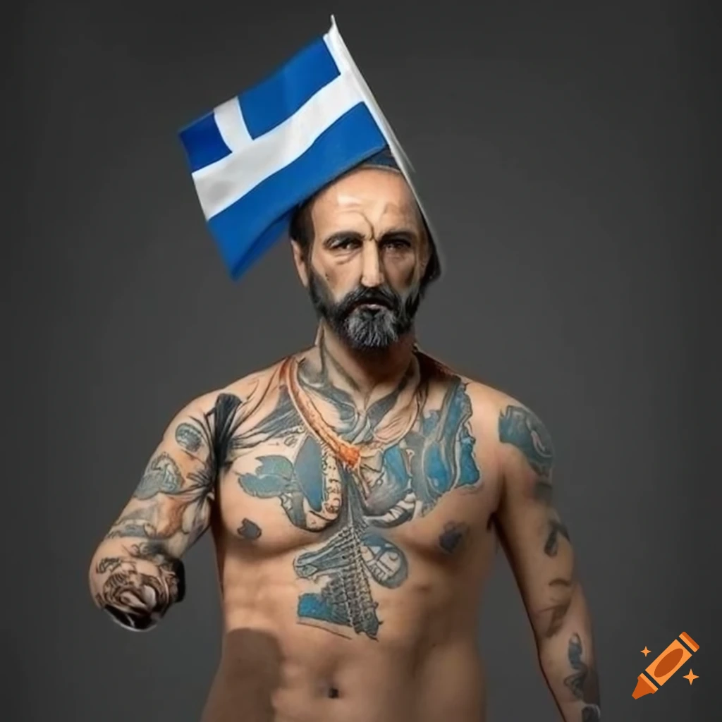Greek theodoros kolokotronis with a greek flag tattoo on Craiyon