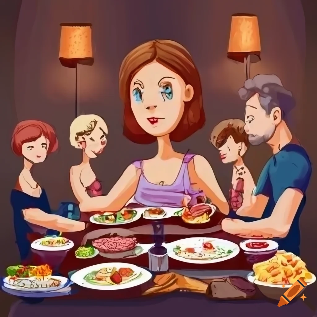 Restaurant scene with people enjoying meat dishes on Craiyon