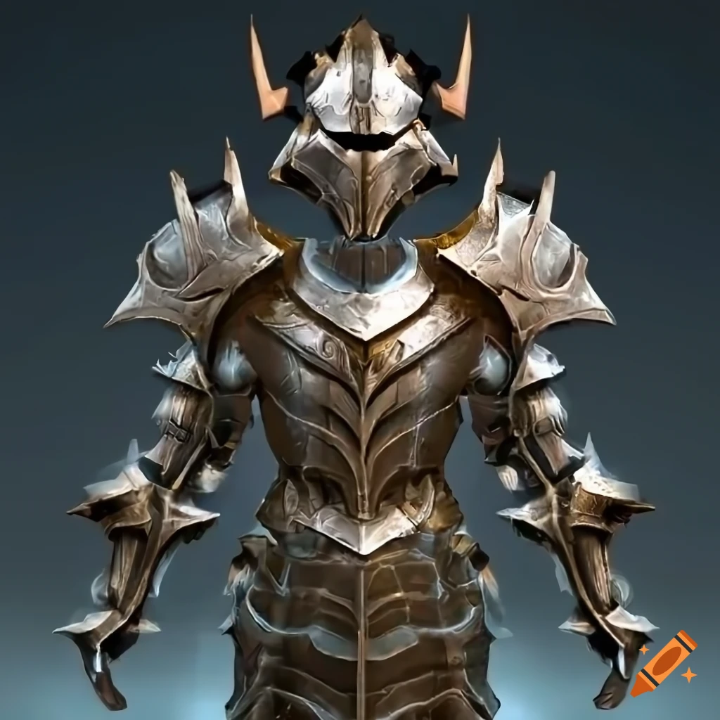Mythic shiny fantasy master armor made of steel, front view with equal ...