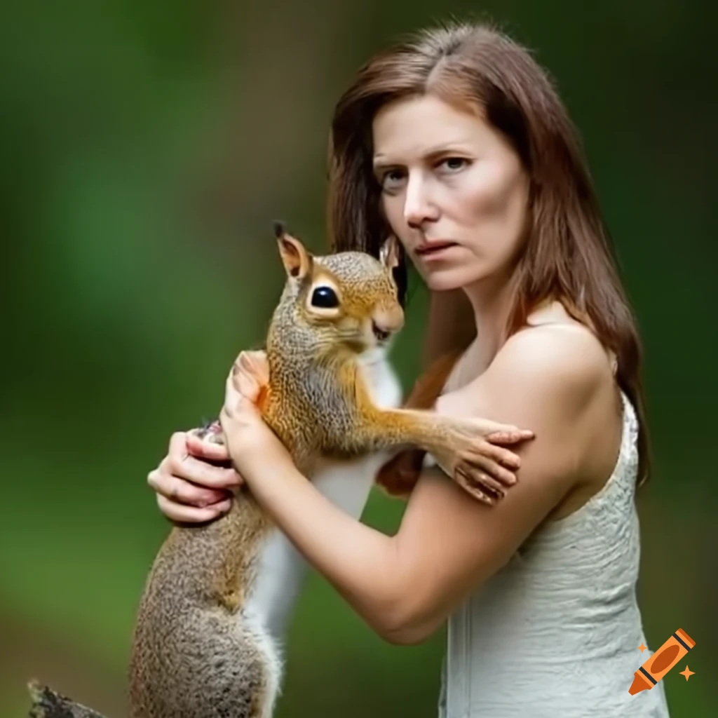 Woman standing with a squirrel in her hand on Craiyon