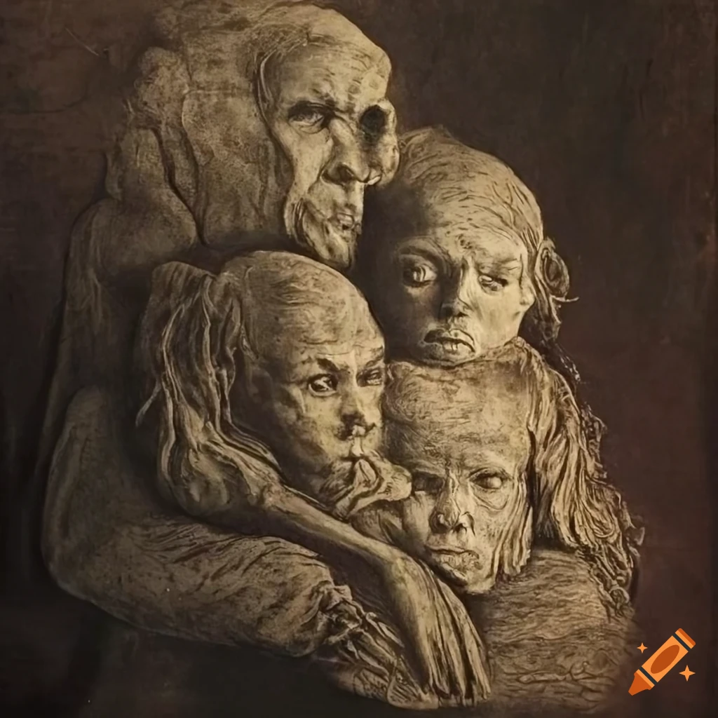 Etching print of a troglodytes family in a dramatic bas-relief study on ...