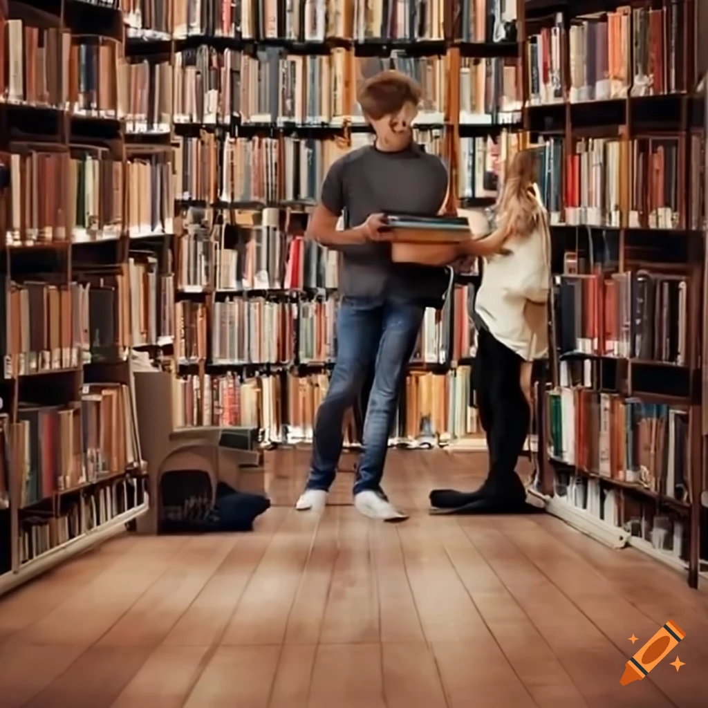 Man and woman holding books in a library on Craiyon