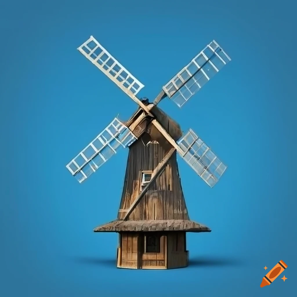 Elegant wooden windmill with symmetrical blades on blue background on ...