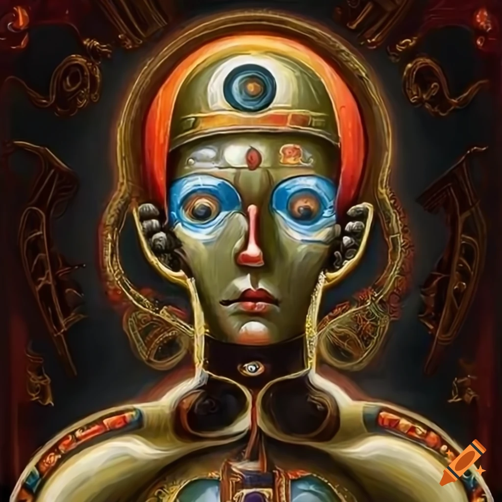 Scifi robot portrayed as an orthodox icon in a religious setting on Craiyon