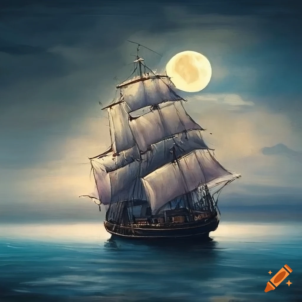 Renaissance painting of a solitary wooden ship on a calm sea under a ...