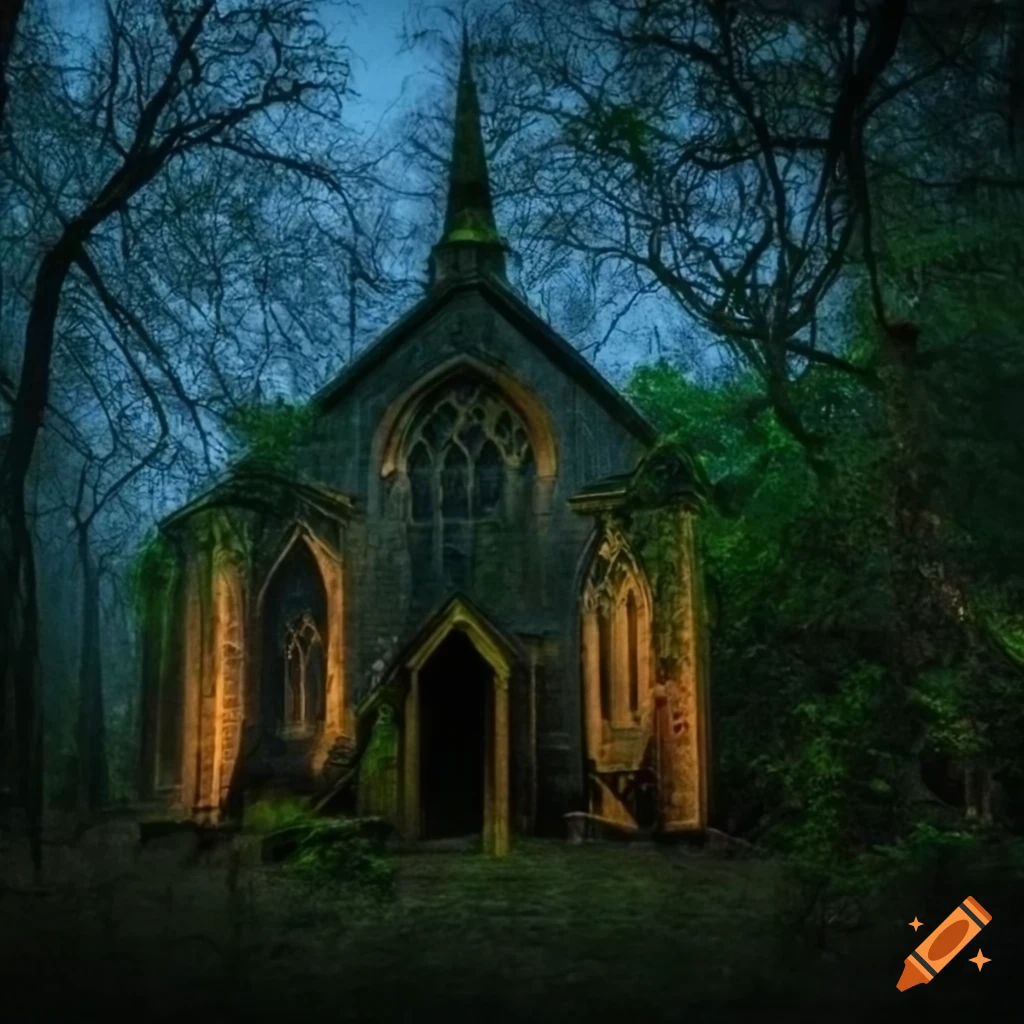 Haunted jungle and swamp with overgrown church at night on Craiyon