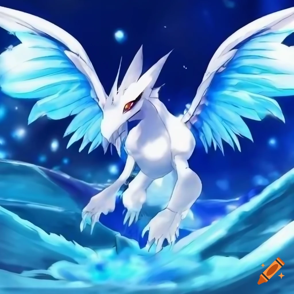 Large Ice Avian Pokemon with sharp crystalline feather wings and blue ...