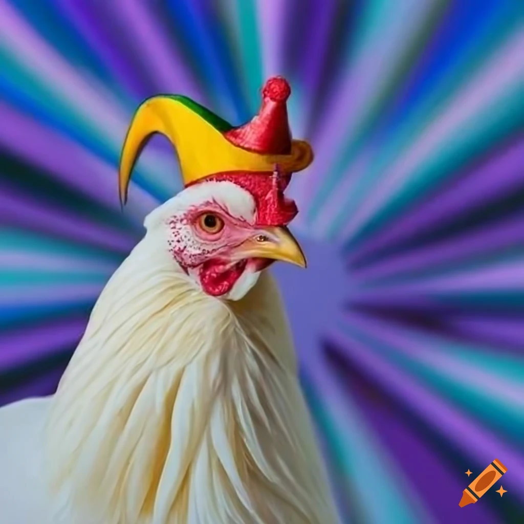 White chicken with a joker hat on blue starburst background on Craiyon