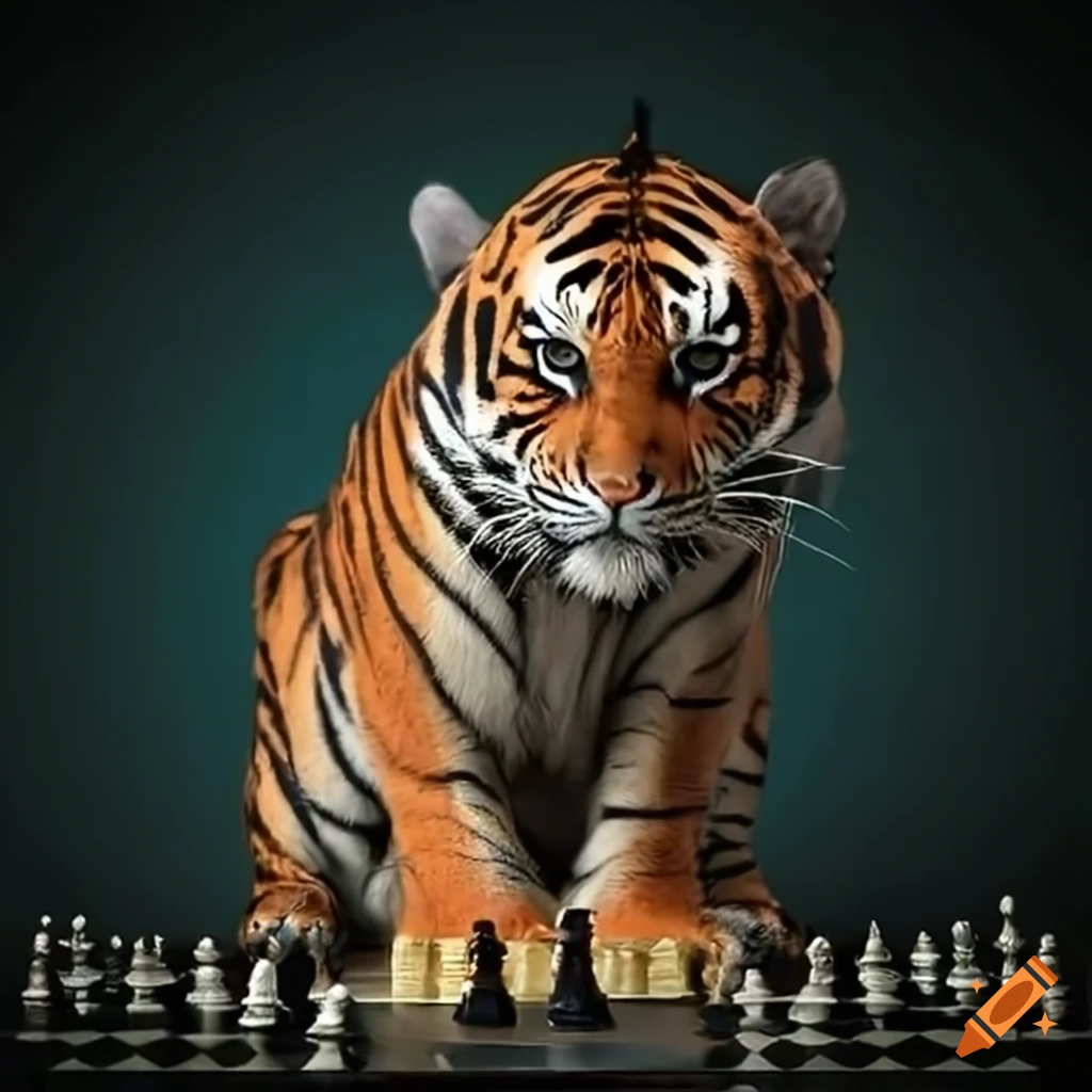 Tigers posing for a creative chess scene on Craiyon
