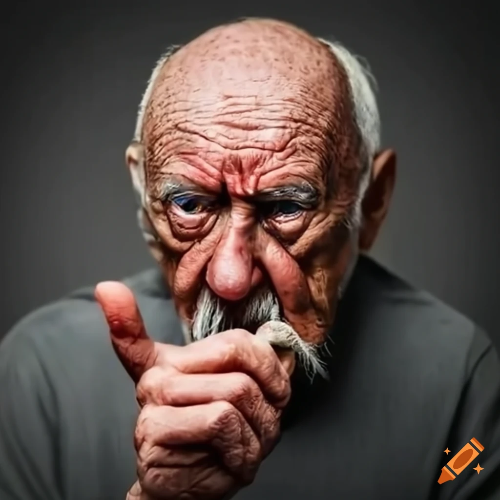 Angry old man wagging finger at the camera on Craiyon