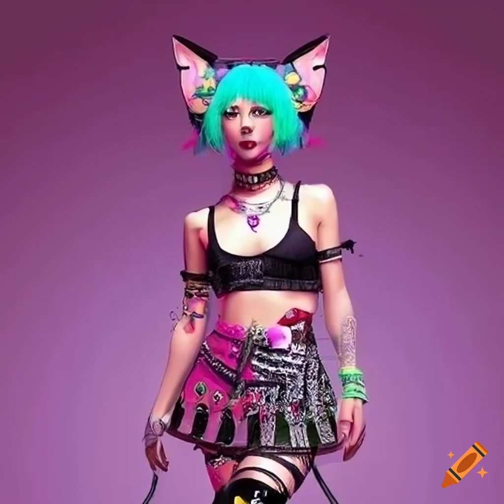 Sugoi punk female character in vibrant harajuku and punk attire on Craiyon