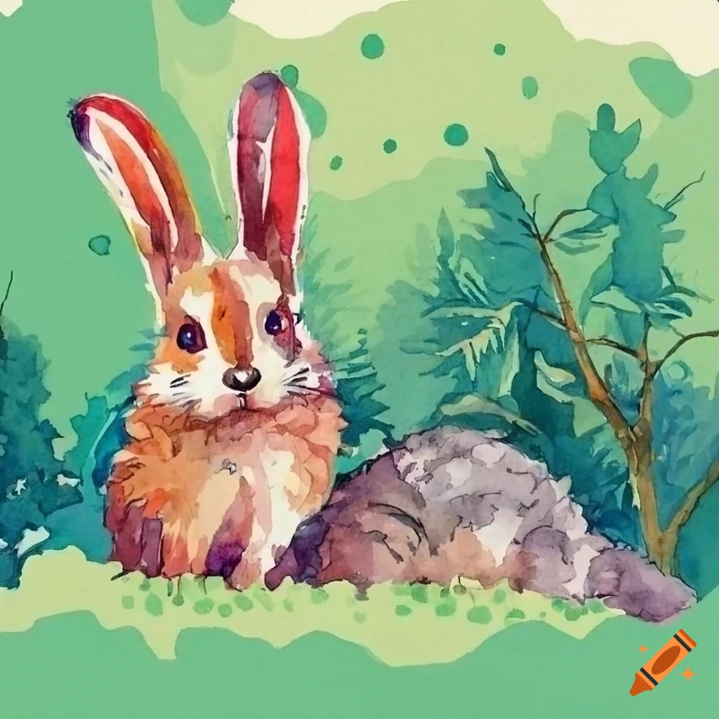 Rabbit, bird, and racoon having a picnic by a river in a forest setting ...