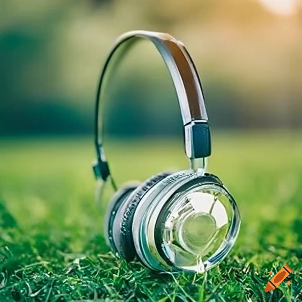 Transparent glass headphones on grass with reflections of light, analog ...