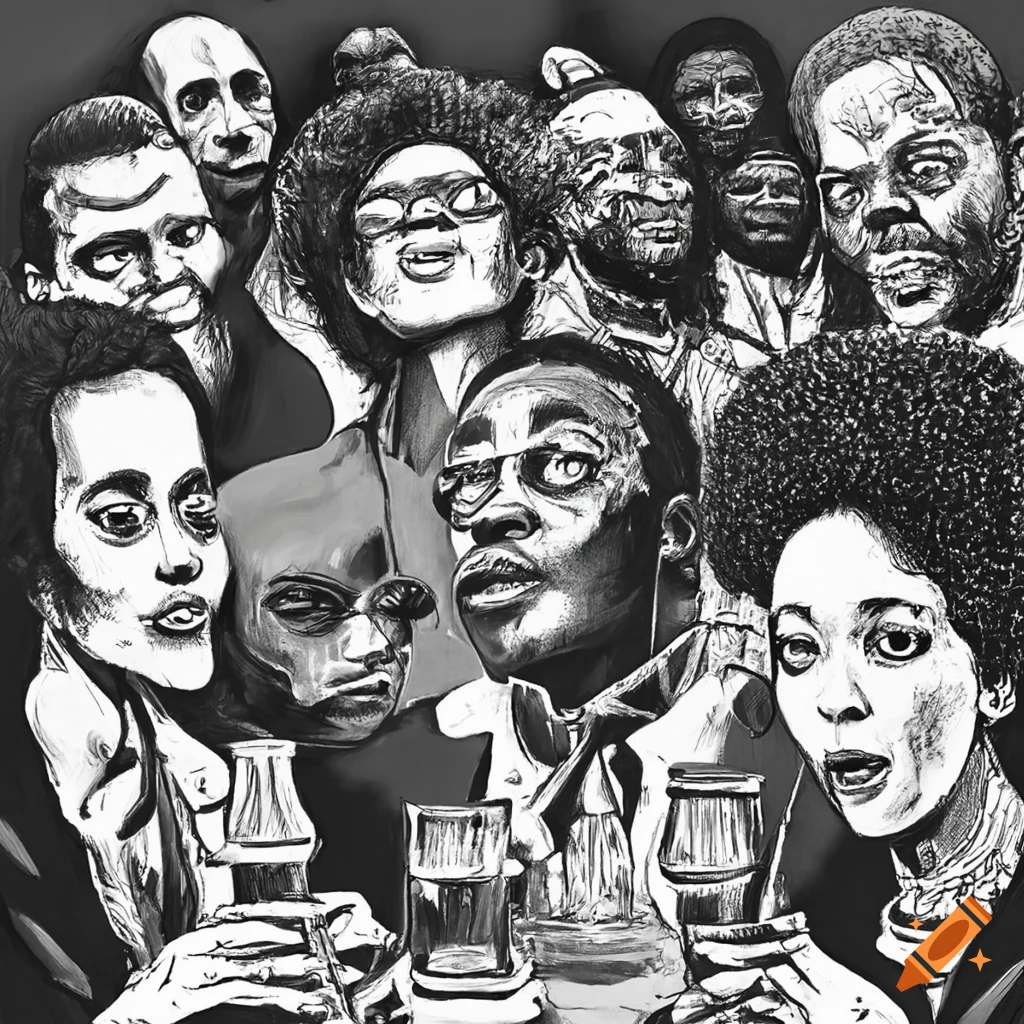 Black and white drawing of people in a crowded 70s bar on Craiyon