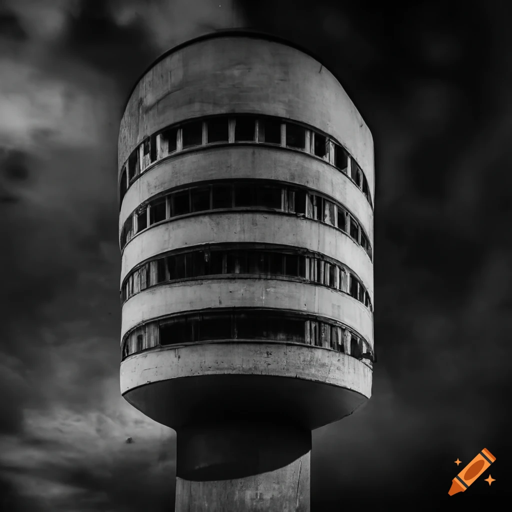 Brutalist concrete megastructure in the rain on Craiyon