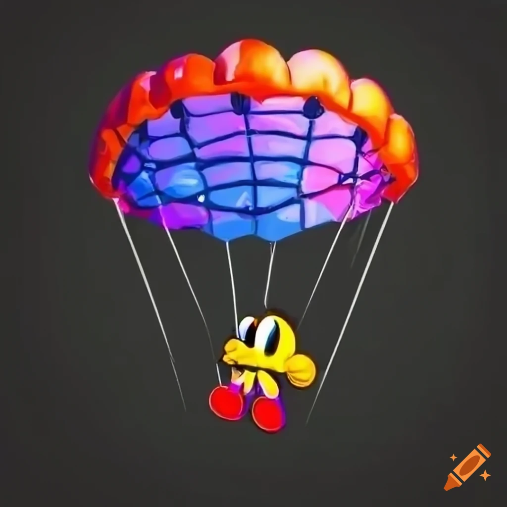 Pacman parachuting in a retro video game dynamic scene on Craiyon