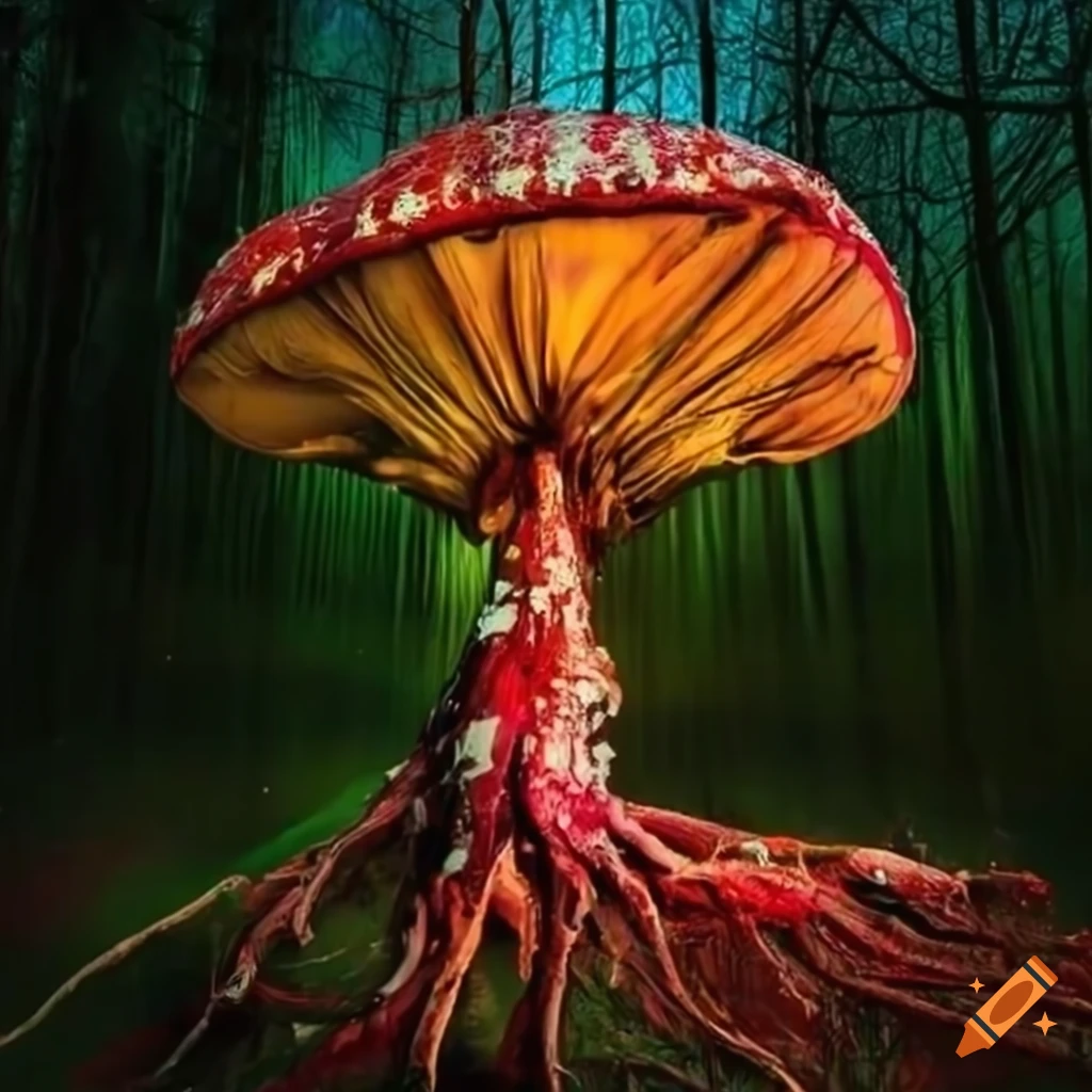 Surreal cyborg tree with colorful mushrooms under the northern lights ...