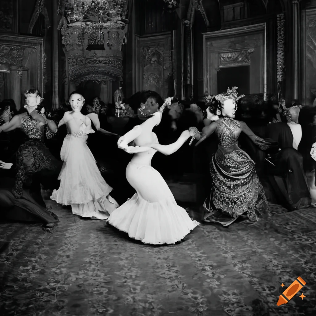 Vintage photograph of a group performing an intricate ballroom dance routine on Craiyon