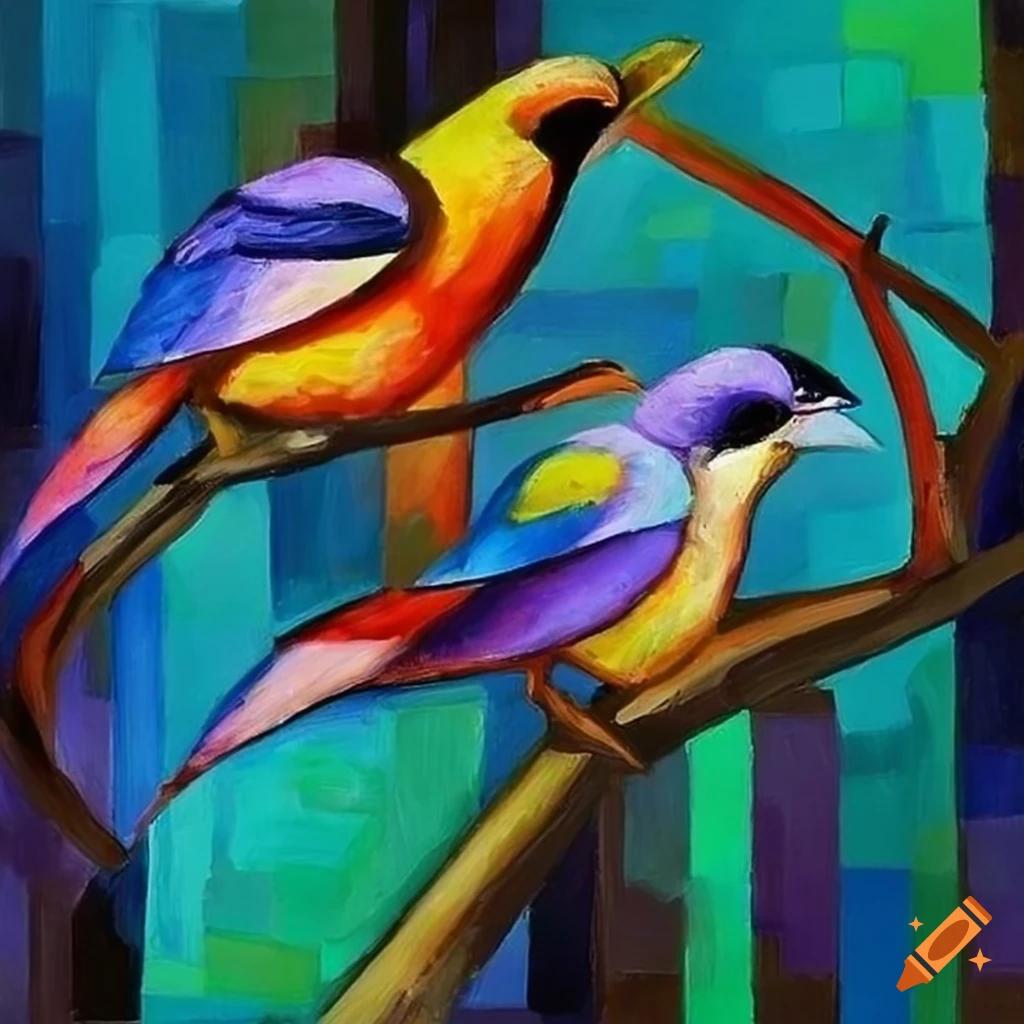 Birds on a branch in cubism and post-impressionism styles on Craiyon