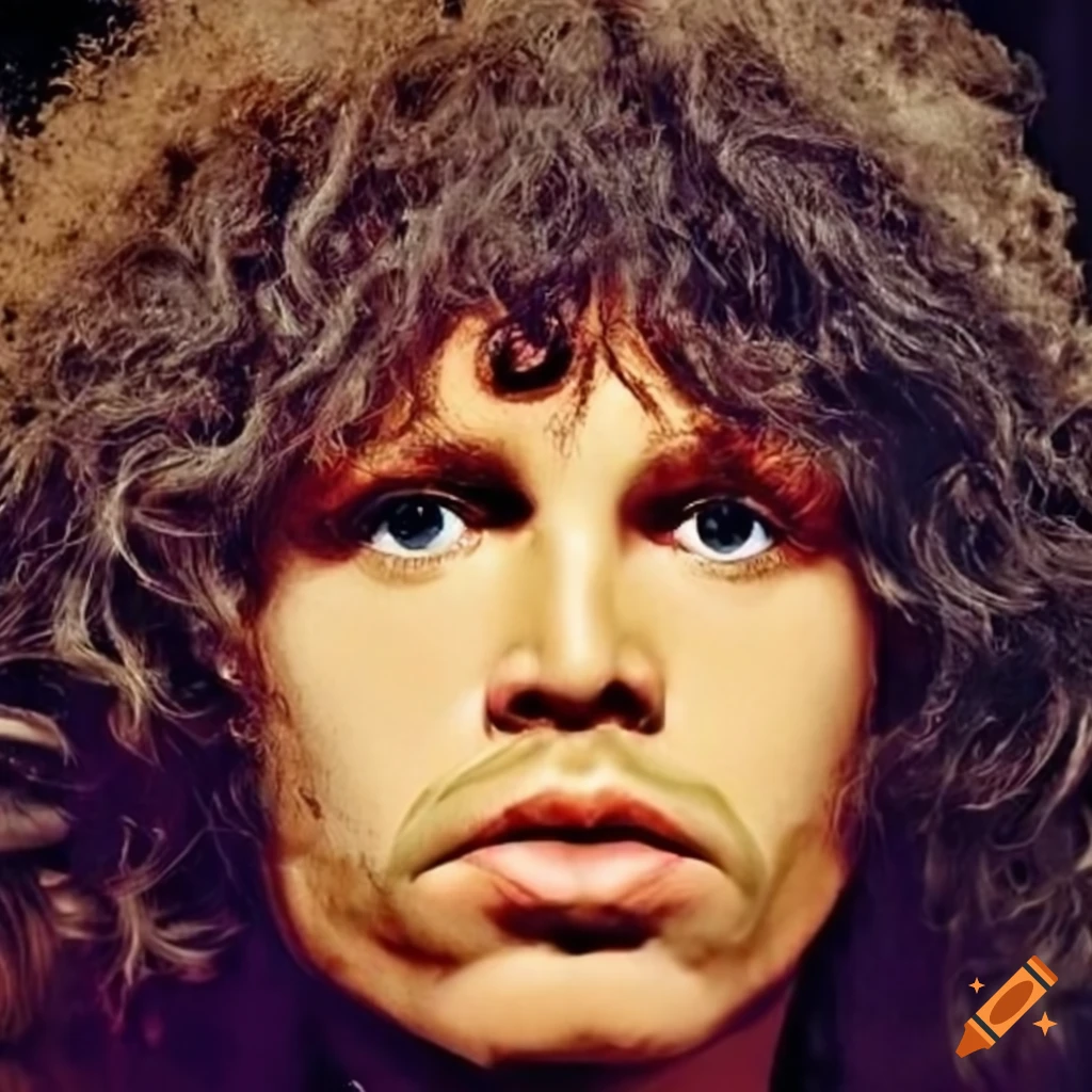 Mash-up of Hendrix's and Jim Morrison's facial features with a thin moustache on Craiyon