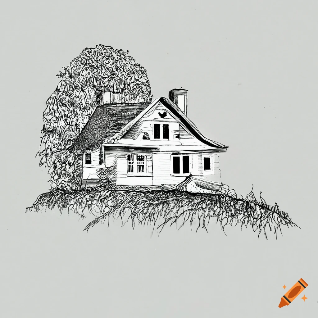 Single line drawing of house and tree on a hill on Craiyon