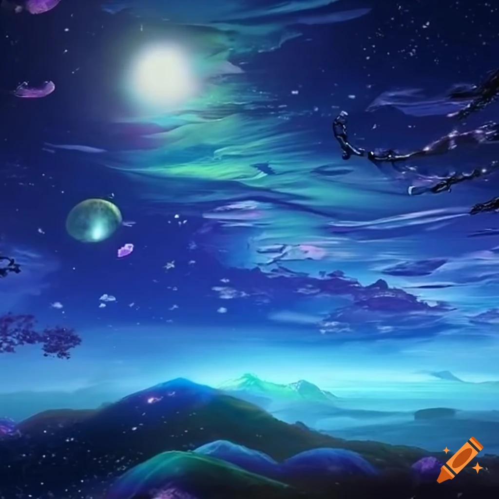 Whimsical and ethereal scene with multiple moons and a sun in a mystical setting on Craiyon