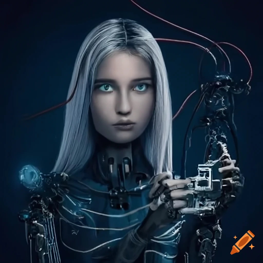 Girl with half-robot featuring circuits, wires, and metal parts on Craiyon