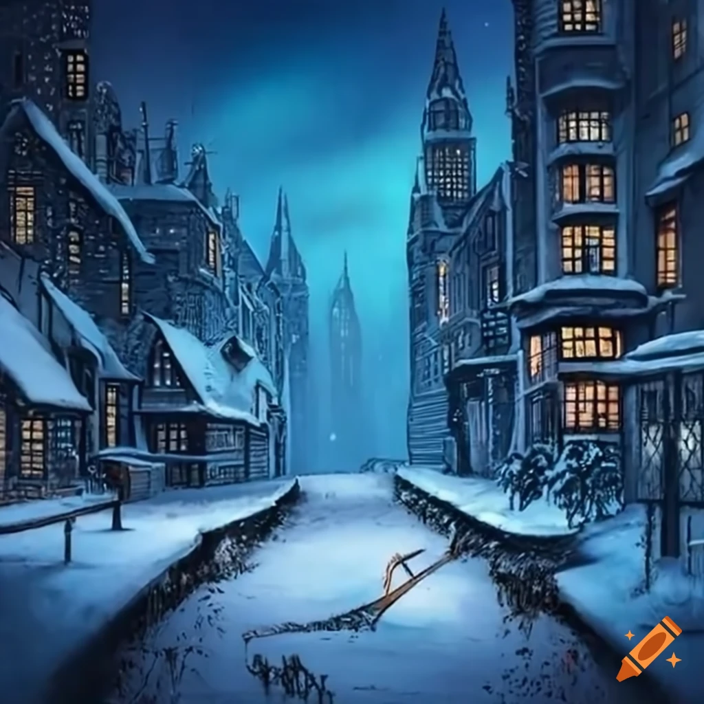 City transformed into a scary frozen wonderland in winter on Craiyon