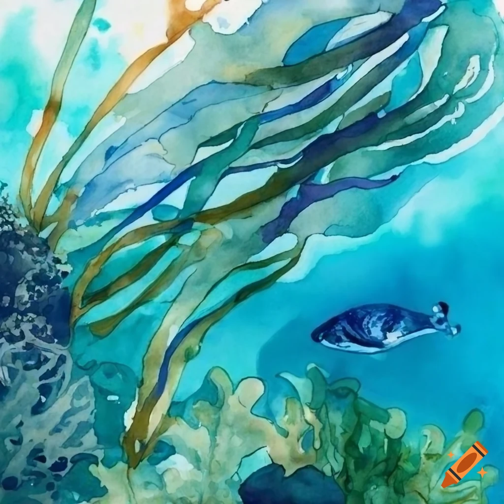 Underwater ocean scene with kelp and seaweed in watercolor on Craiyon