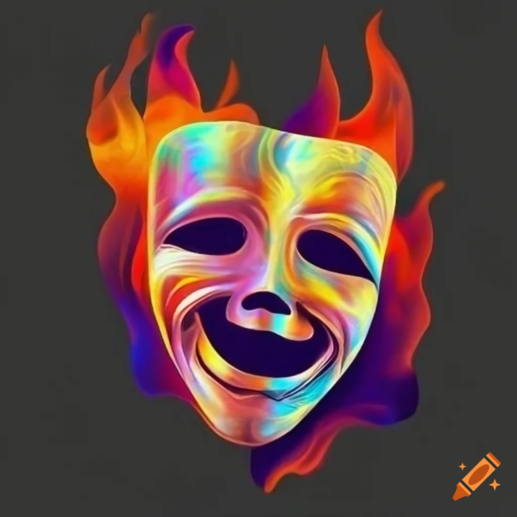Theatre mask engulfed in flames in monochrome outline on Craiyon