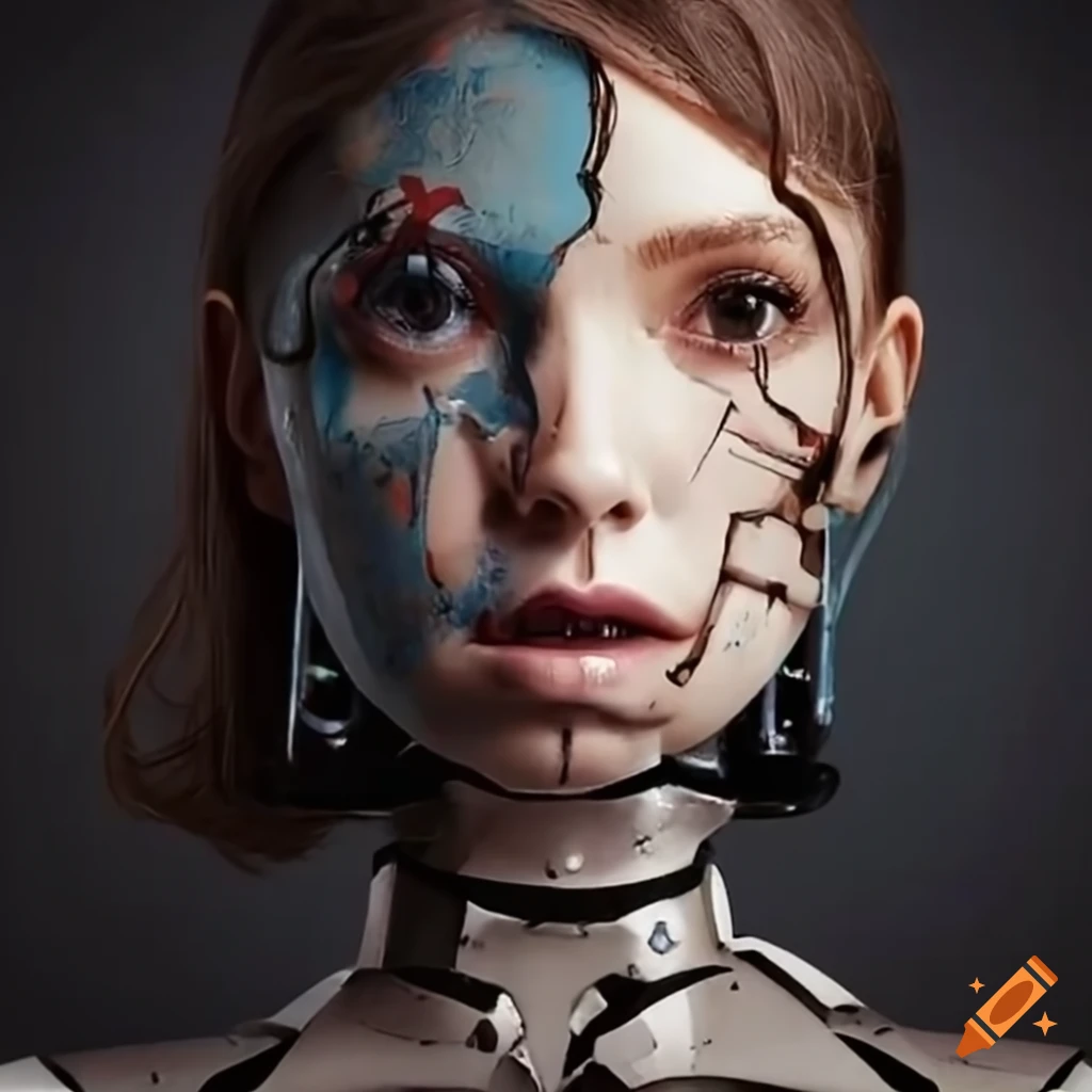 Girl with half face broken revealing robot circuits on Craiyon