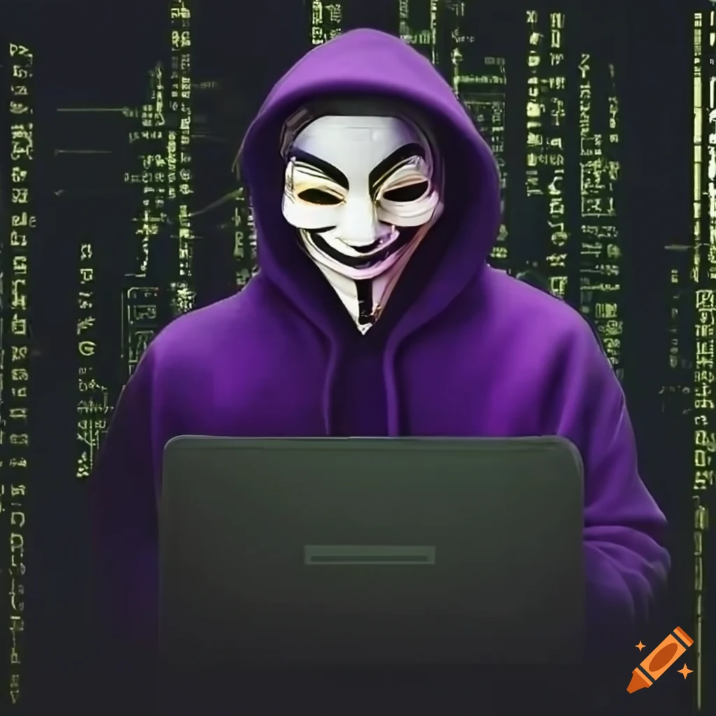 Hacker with v for vendetta mask on laptop with matrix-like background ...