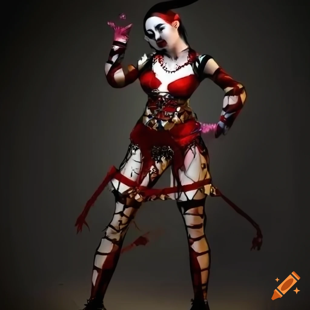 Harlequin punk female character in vibrant attire on Craiyon