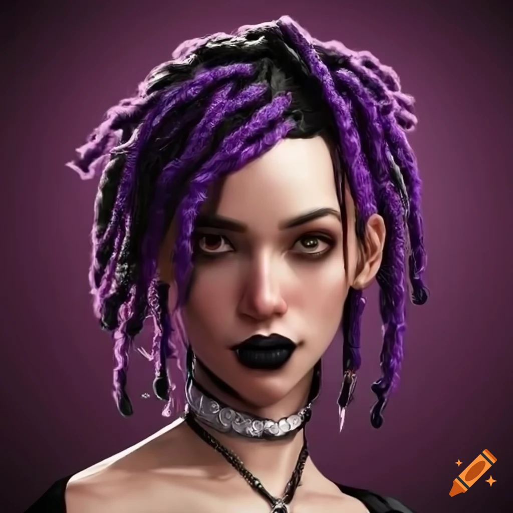 Female game character with purple dreadlocks and goth choker necklace on Craiyon