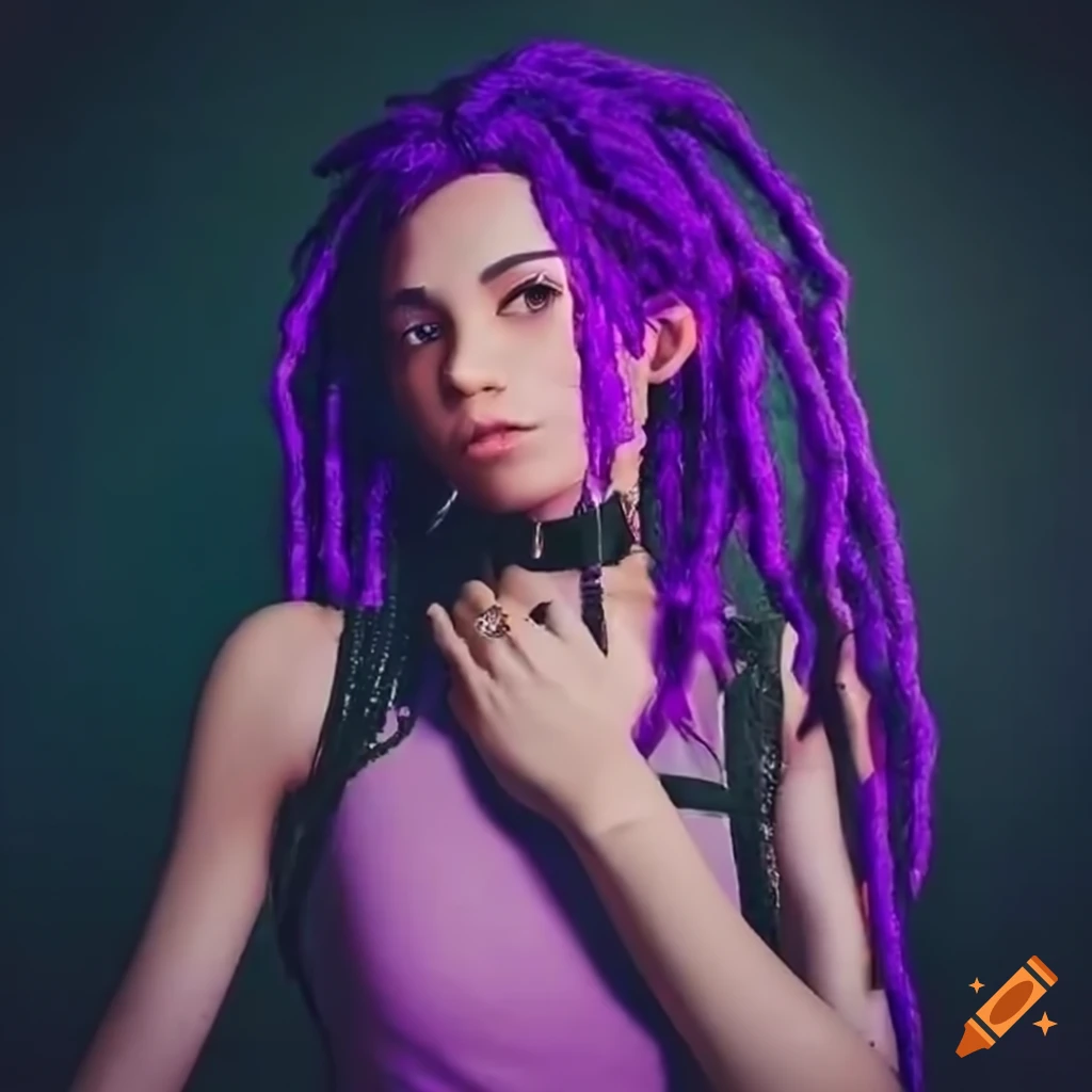 Captivating female video game character with purple dreadlocks and stylish choker on Craiyon