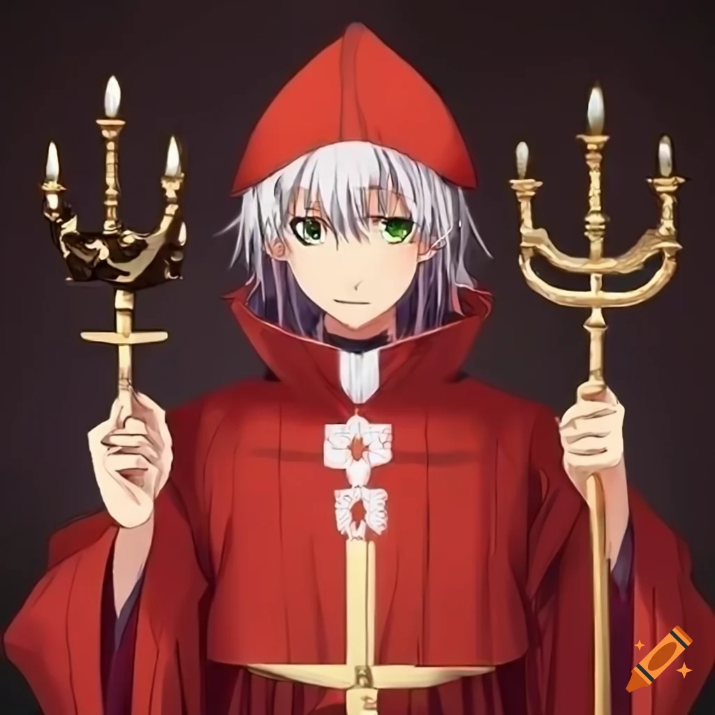Anime portrait of a holy male cardinal holding a menorah on Craiyon