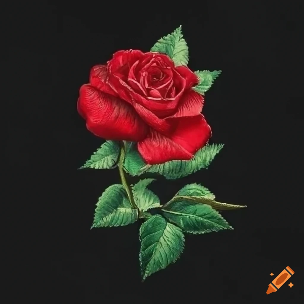 Embroidered red rose on a black jacket with green leaves and stem on ...