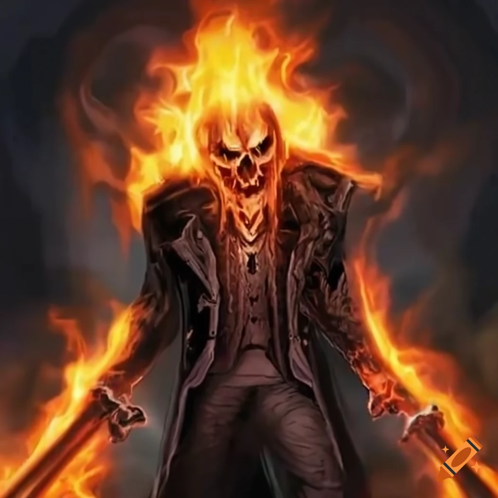 Ghost rider with flaming skull and swords on Craiyon