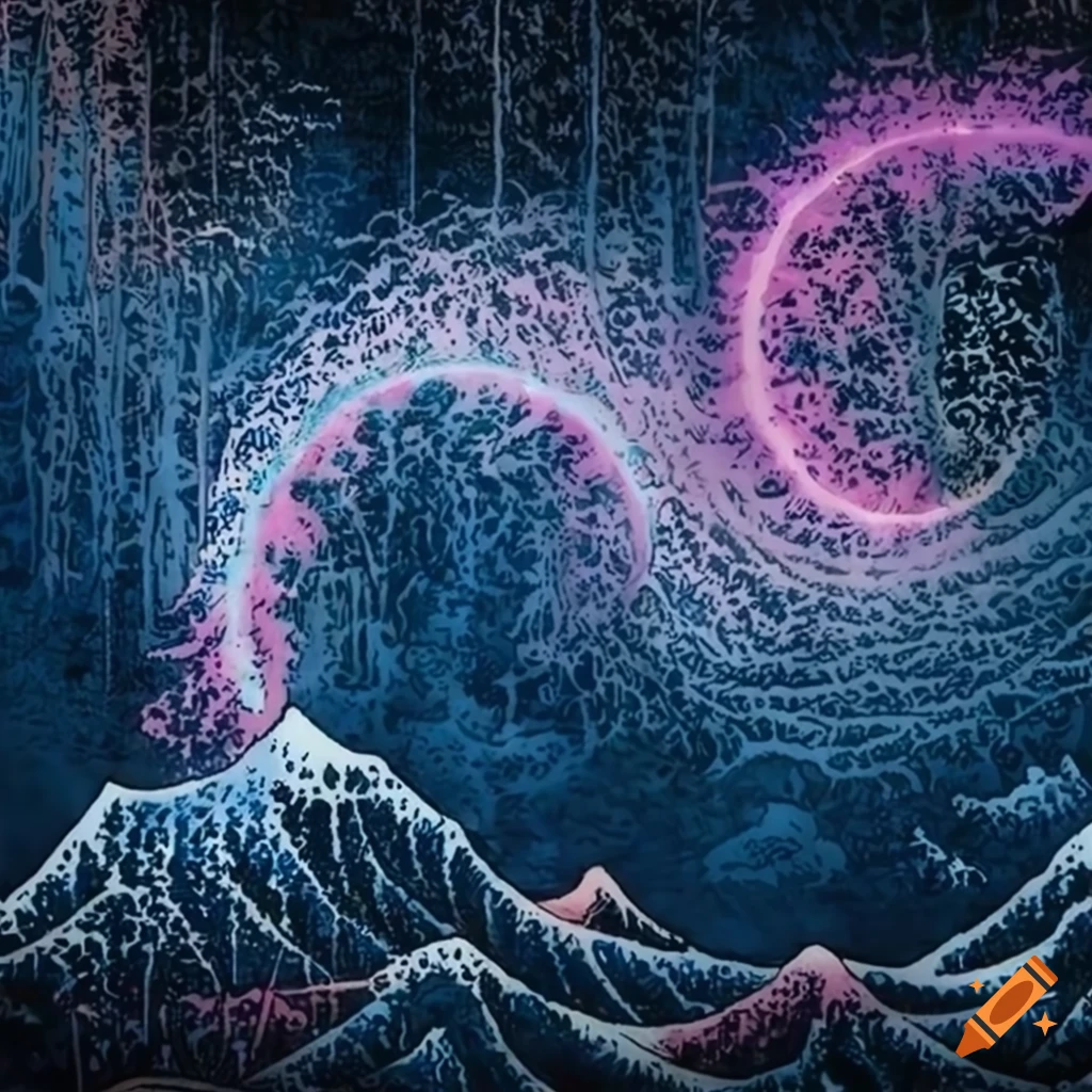 Intricate dance of particles in the quantum realm inspired by hokusai's art on Craiyon