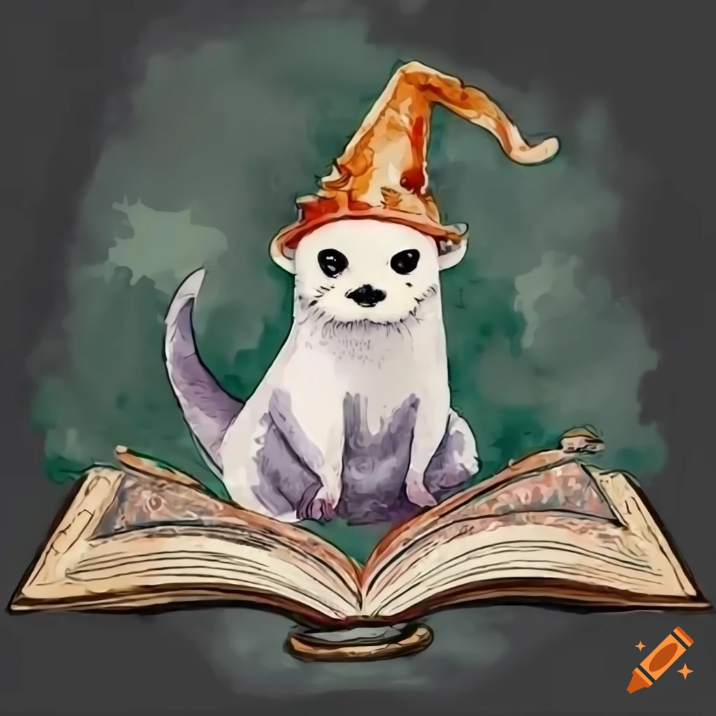 Adorable white otter in a wizard hat sitting on an open book on Craiyon