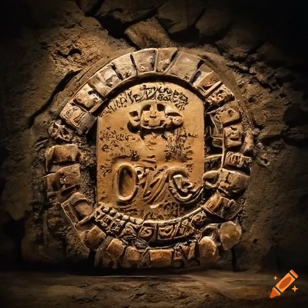 The Tablet of the Ancients with unknown script in an underground ...