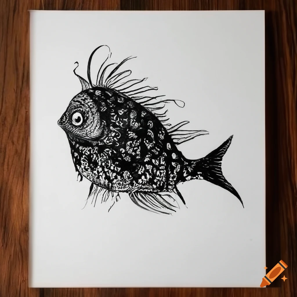 Intricate black ink drawing of water lantern fish on white paper on Craiyon