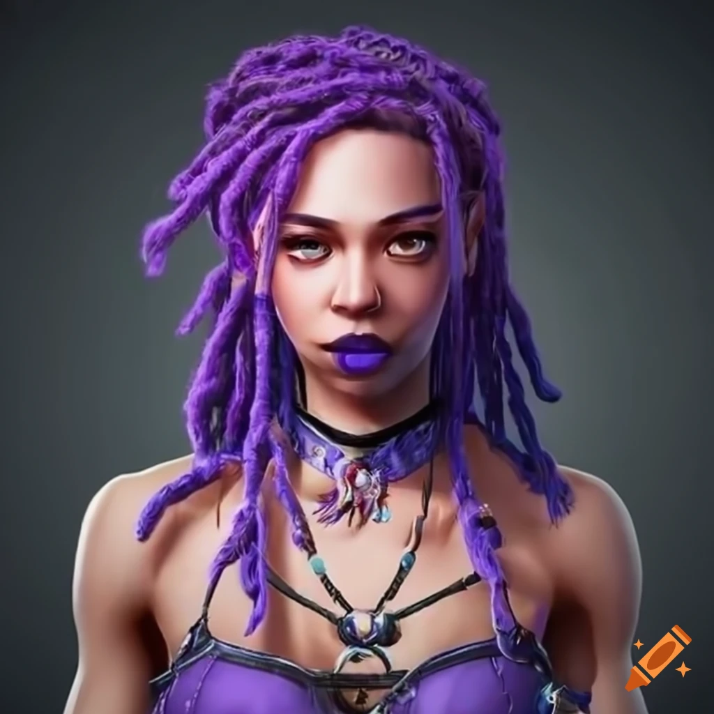 Captivating female video game character with purple dreadlocks and stylish choker on Craiyon