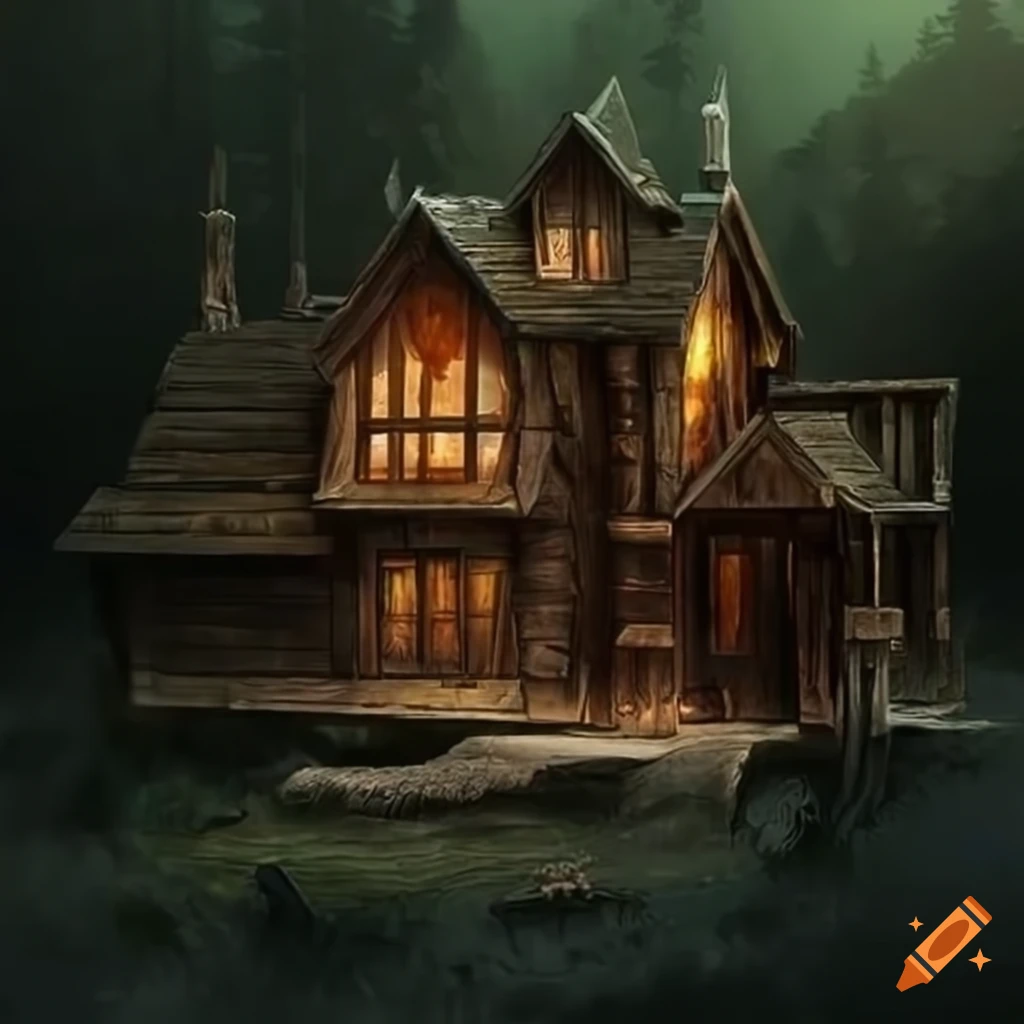 Large two-story wooden cabin in the fantasy woods on Craiyon